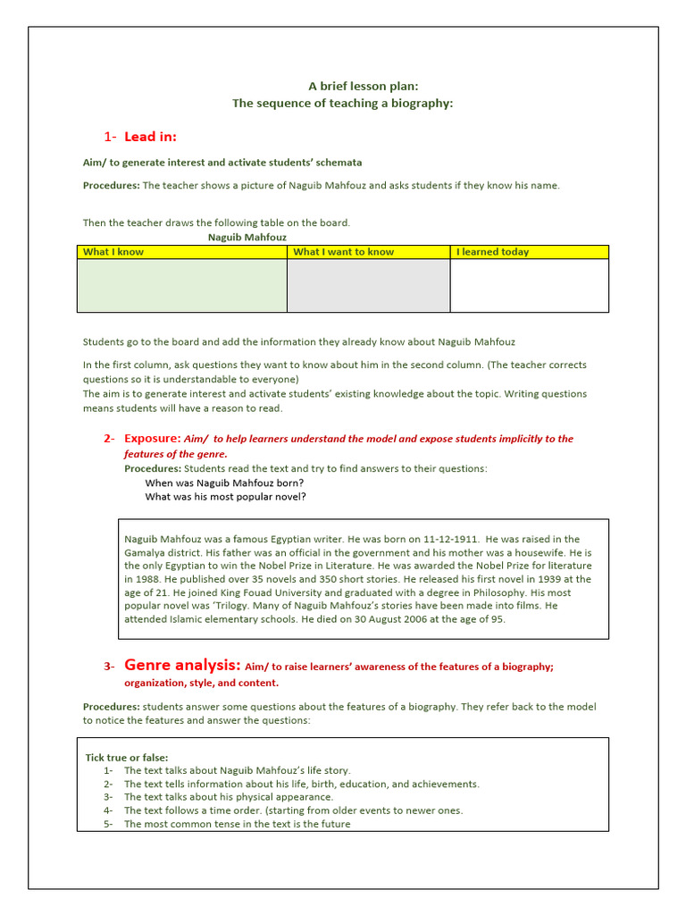 A Brief Biogrpahy Lesson Plan + Task | PDF | Lesson Plan | Cognitive ...