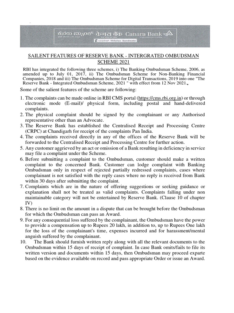 Salient Features of The Reserve Bank Integrated Ombudsman Scheme 2021 ...