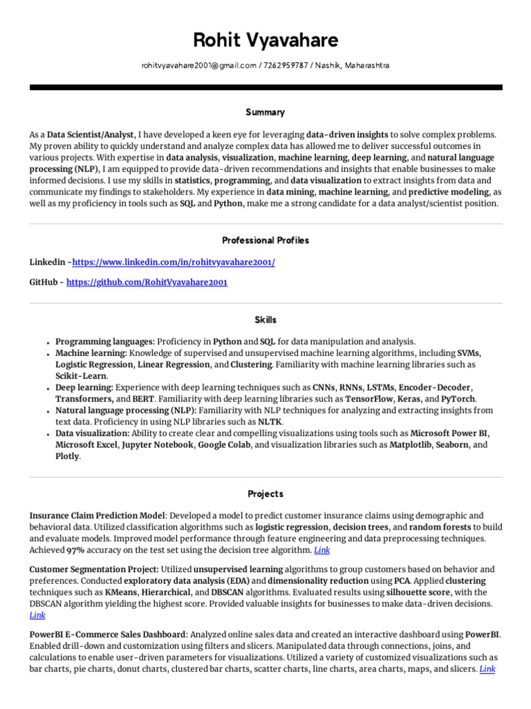 Rohit Vyavahare Data Scientist Resume | PDF | Data Science | Machine Learning