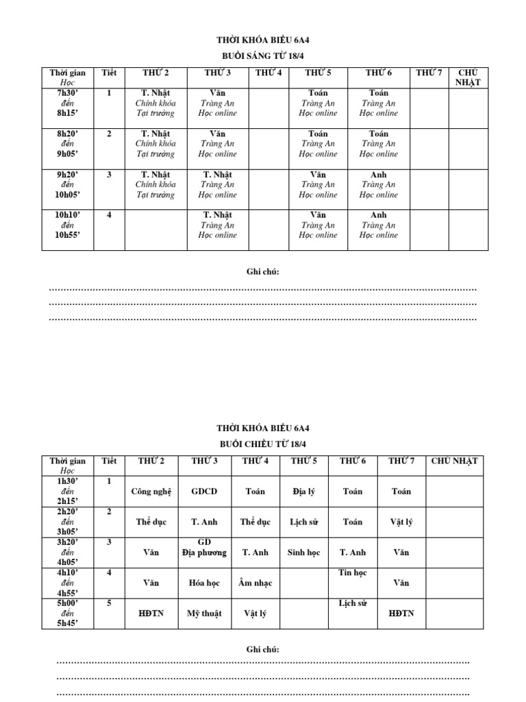 THỜI KHÓA BIỂU 6A4 | PDF