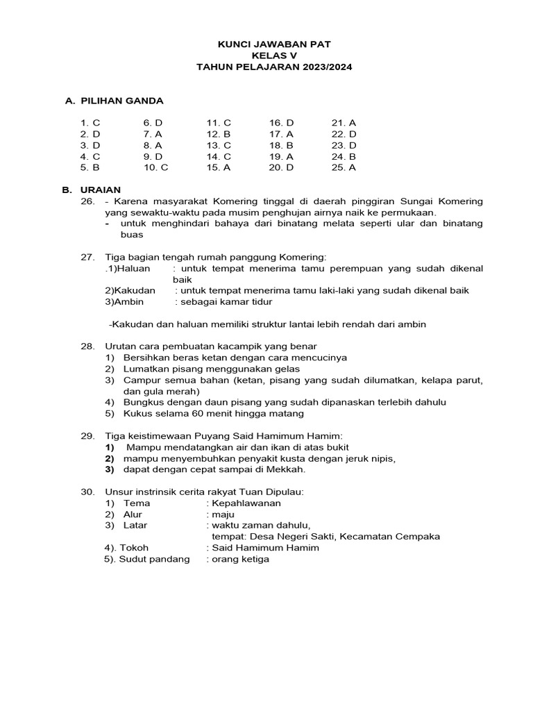 Kunci Jawaban Pat Budaya Komering Kelas 5 2024 | PDF