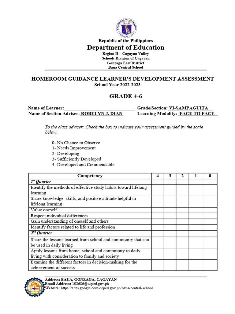 Homeroom Guidance Learners Development Assessment Grades 4 6 | PDF ...