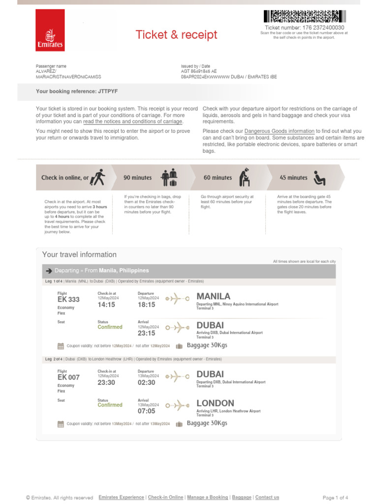 Emirates Ticket 4 | Download Free PDF | Baggage | Aviation