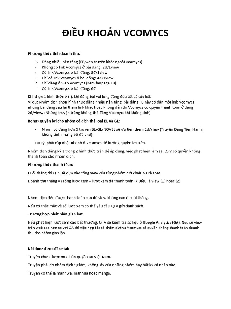 Điều Khoản Vcomycs: Phương thức tinh doanh thu | PDF