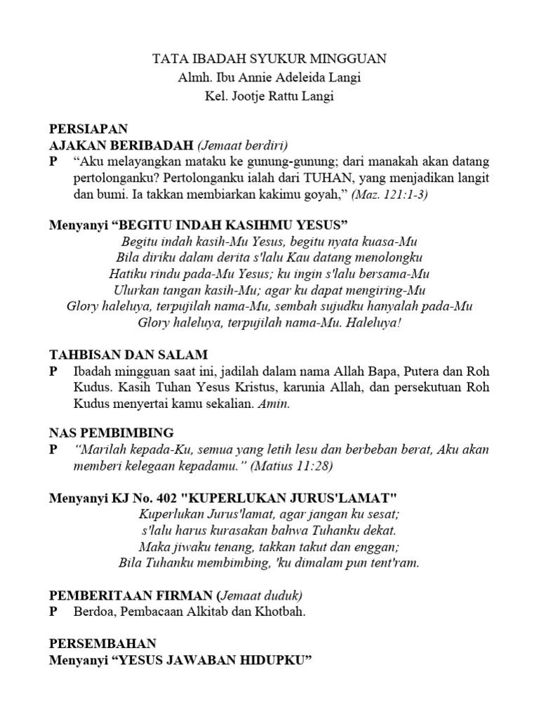 Tata Ibadah Syukur Mingguan Almh. Annie Langi | PDF Tata Ibadah Syukur Mingguan Almh. Annie Langi | PDF
