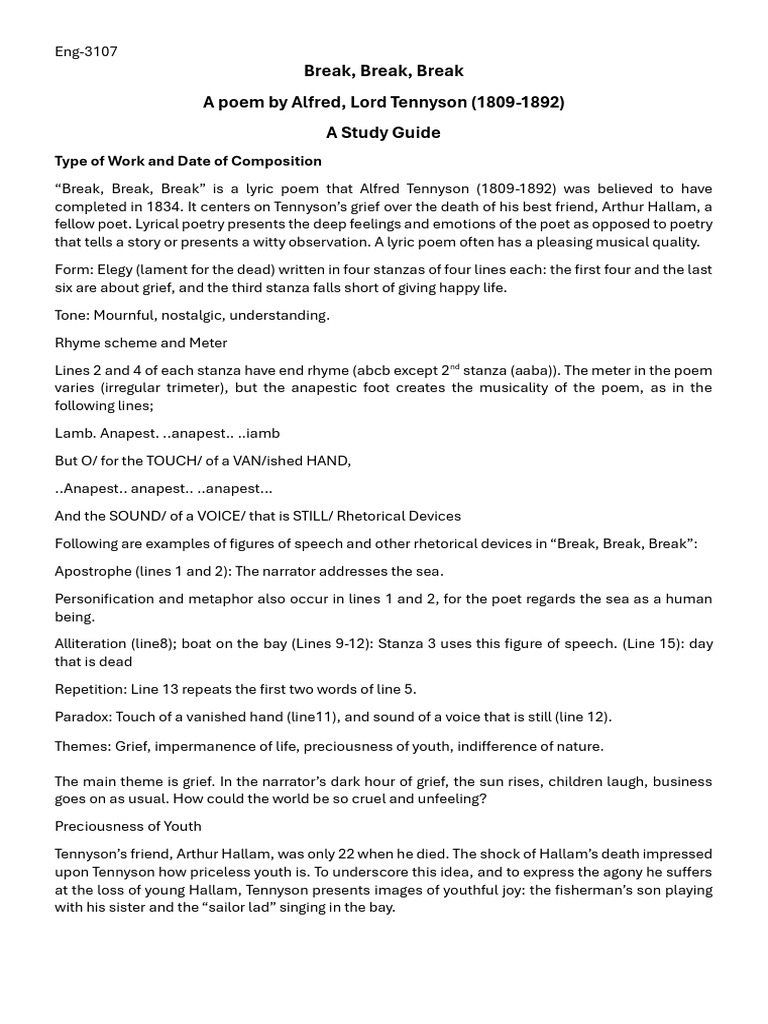 Break, Break, Break A Poem by Alfred, Lord Tennyson (1809-1892) A Study ...