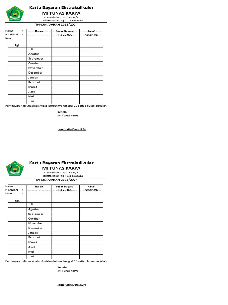 Contoh Kartu SPP Paud | PDF