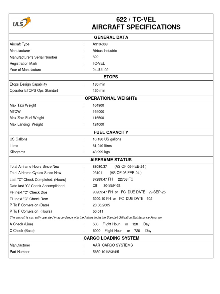 MSN 622 - TC-VEL Aircraft Specifications | PDF | Aviation | Aircraft