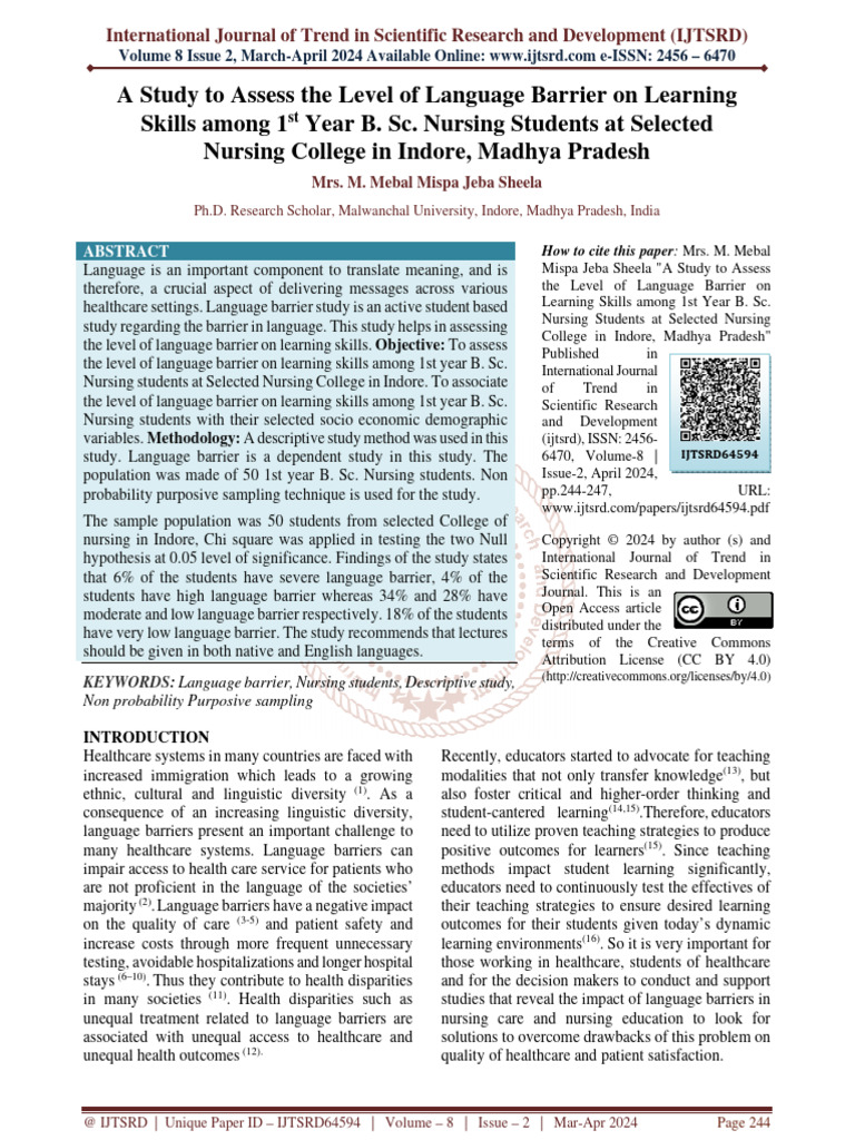A Study To Assess The Level of Language Barrier On Learning Skills ...