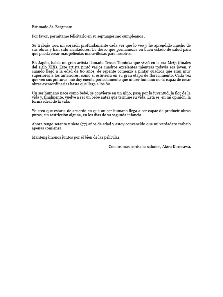 Carta de Akira Kurosaw A Ingmar Bergman | PDF