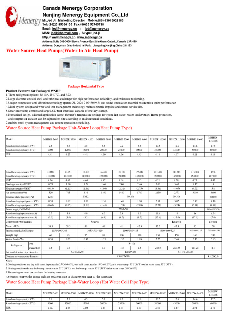 Menergy - WSHP - Specifications | PDF | Air Conditioning | Heat Pump