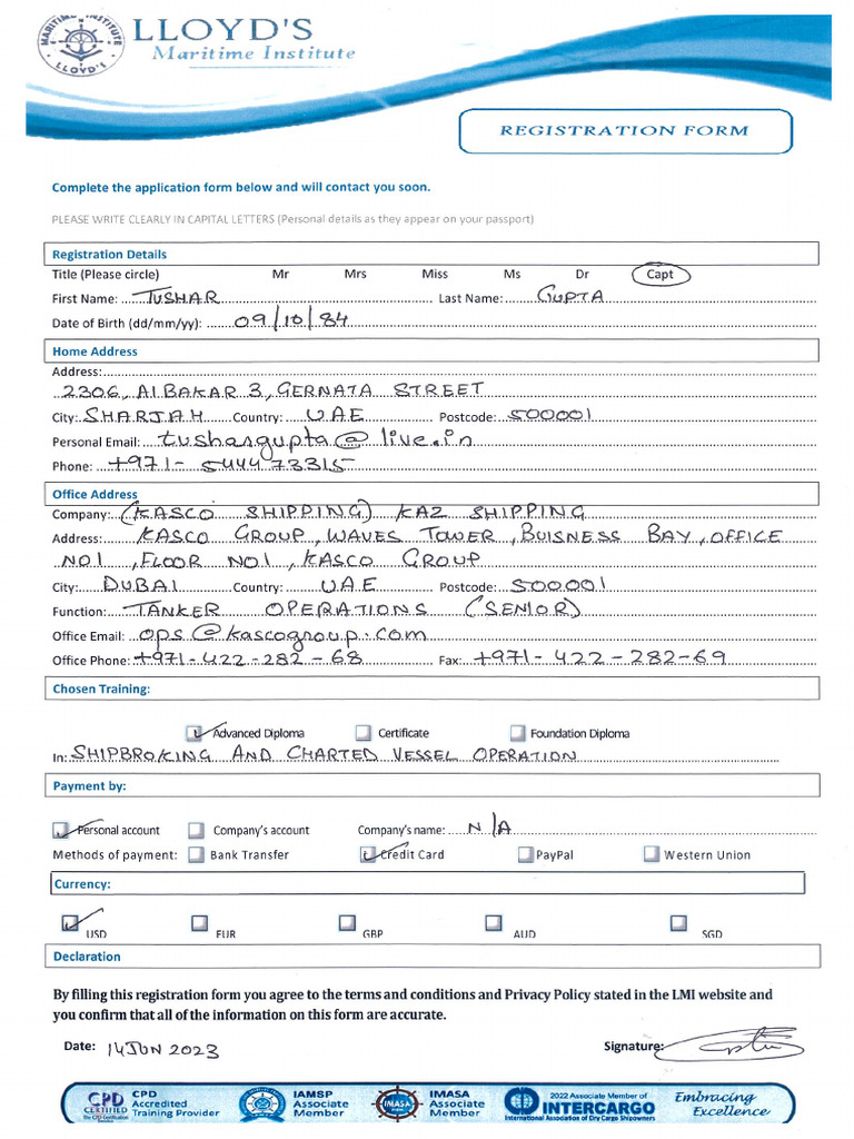 Capt Tushar - Registration Form LLoyds | PDF