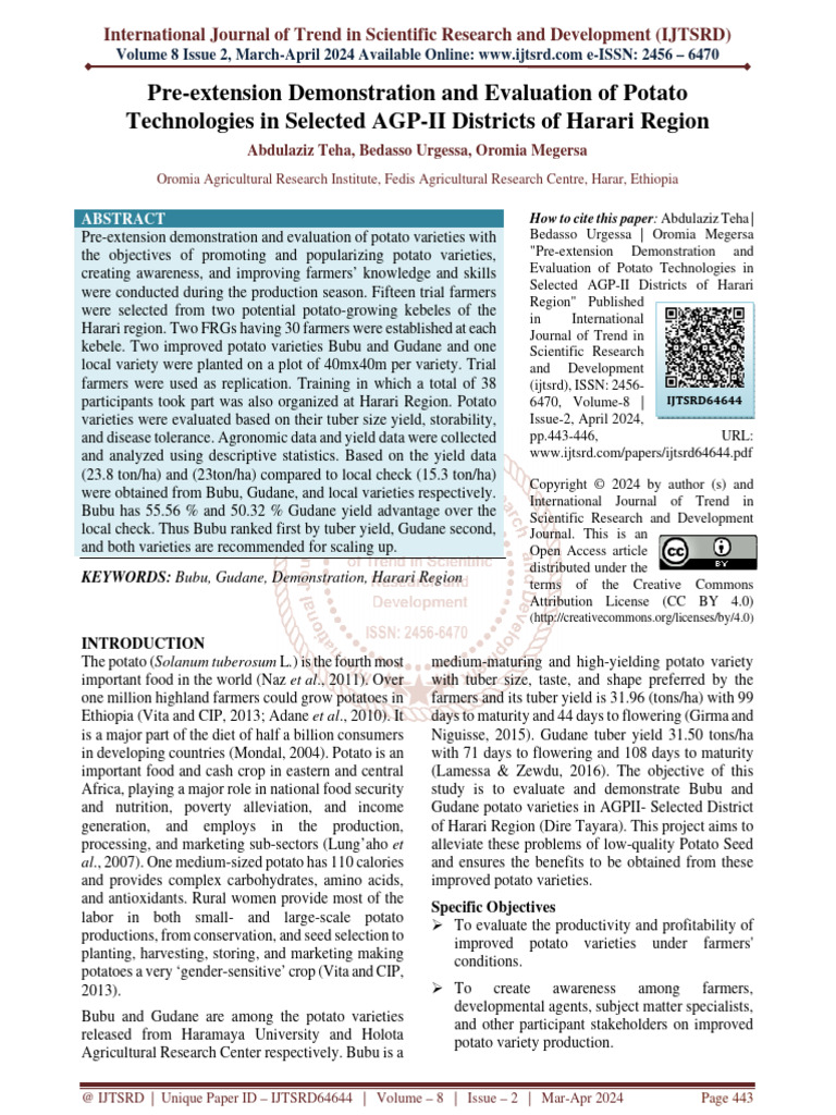 Pre Extension Demonstration and Evaluation of Potato Technologies in Selected AGP II Districts ...