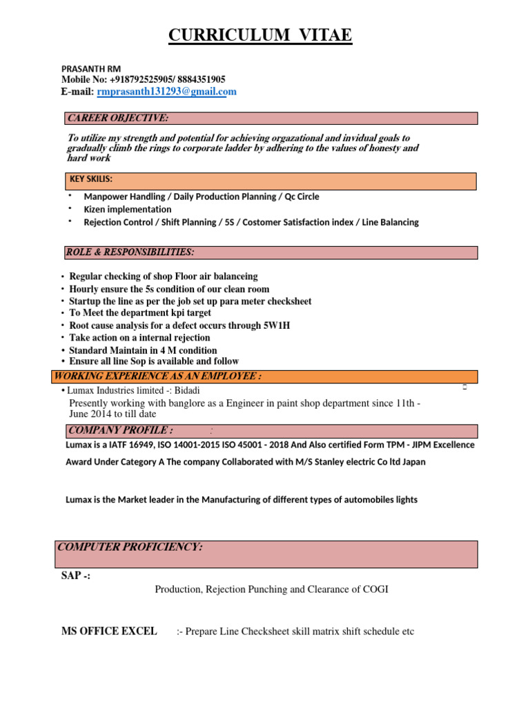 Prasanth RM CV | PDF | Career & Growth | Business