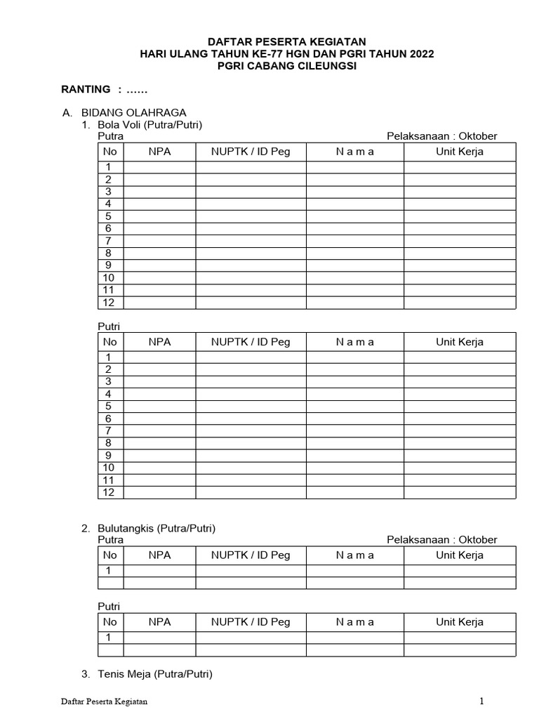 Daftar Kegiatan Lomba (Revisi) | PDF
