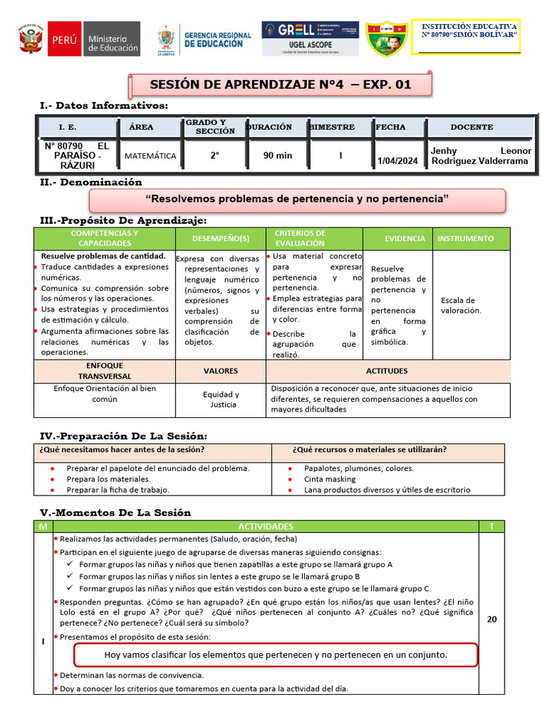 SESIÓN N°4 - MAT Resolvemos Problemas de Pertenencia y No Pertenencia | PDF | Aprendizaje