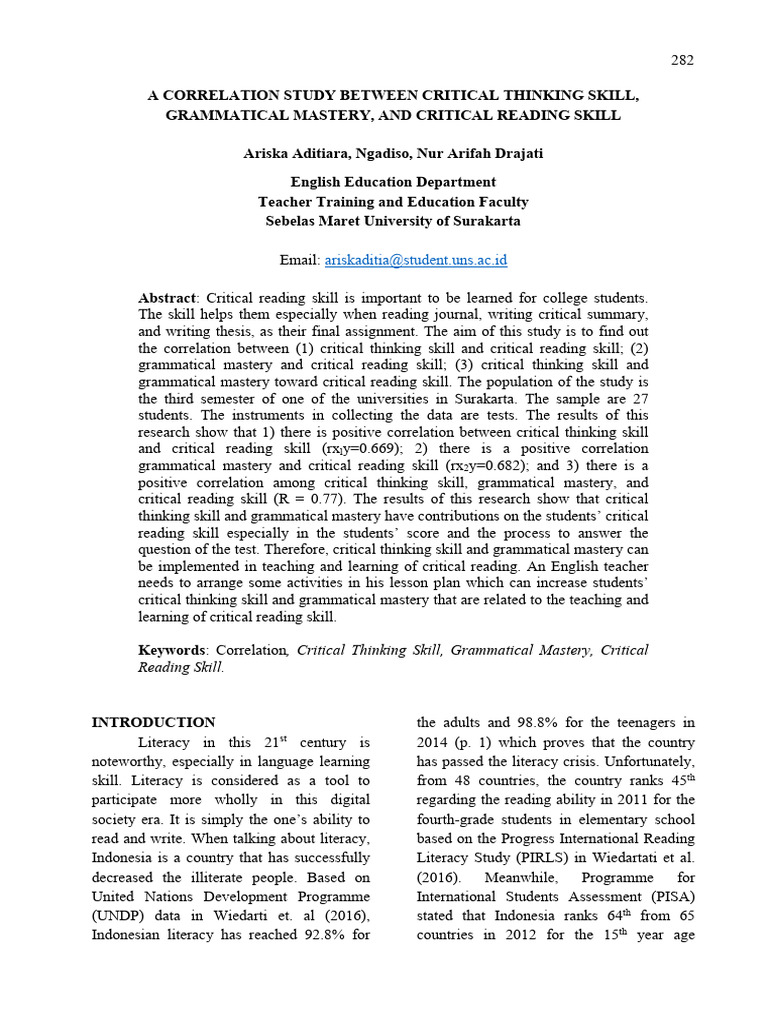 A Correlation Study Between Critical Thinking Skill, Grammatical Mastery, and Critical Reading ...