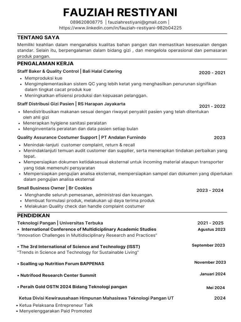 CV - Fauziah Restiyani | PDF | Bisnis