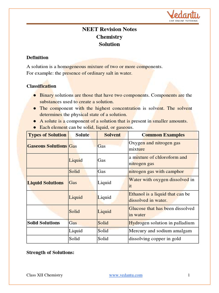Solutions Class 12 Notes NEET Chemistry (PDF) | PDF | Osmosis | Solubility