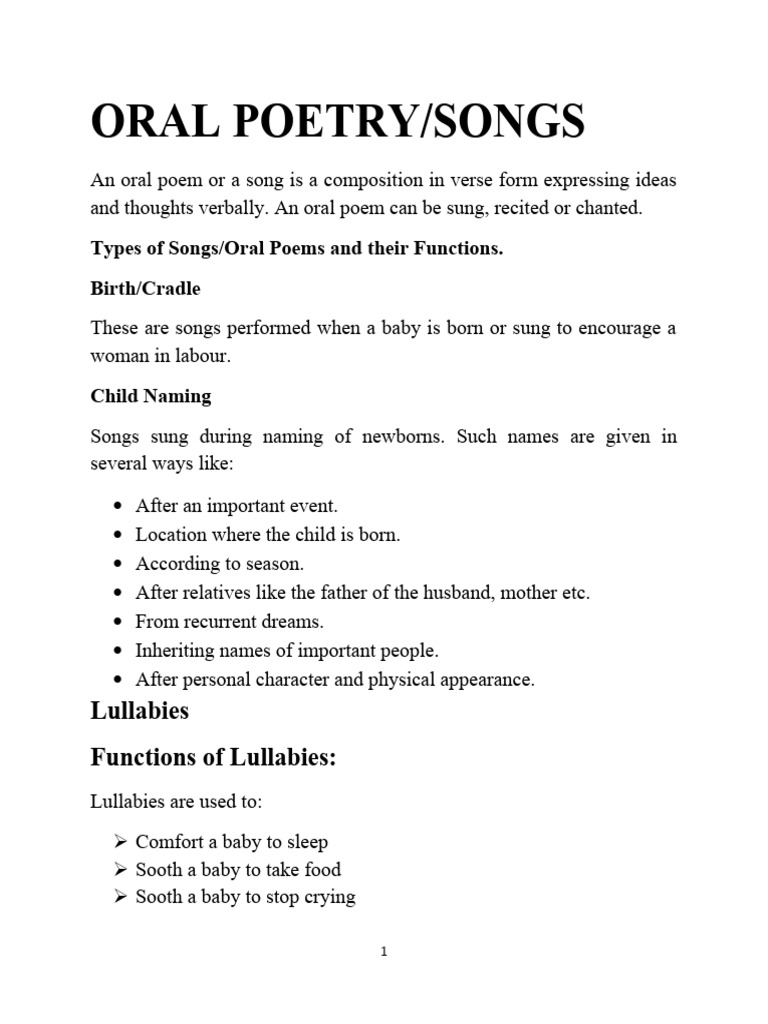 Features of Oral Poetry and Songs | PDF | Language Arts & Discipline