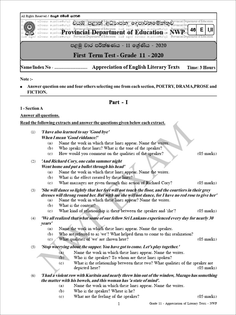 Grade 11 English Literature 1st Term Test Paper With Answers 2020 North ...