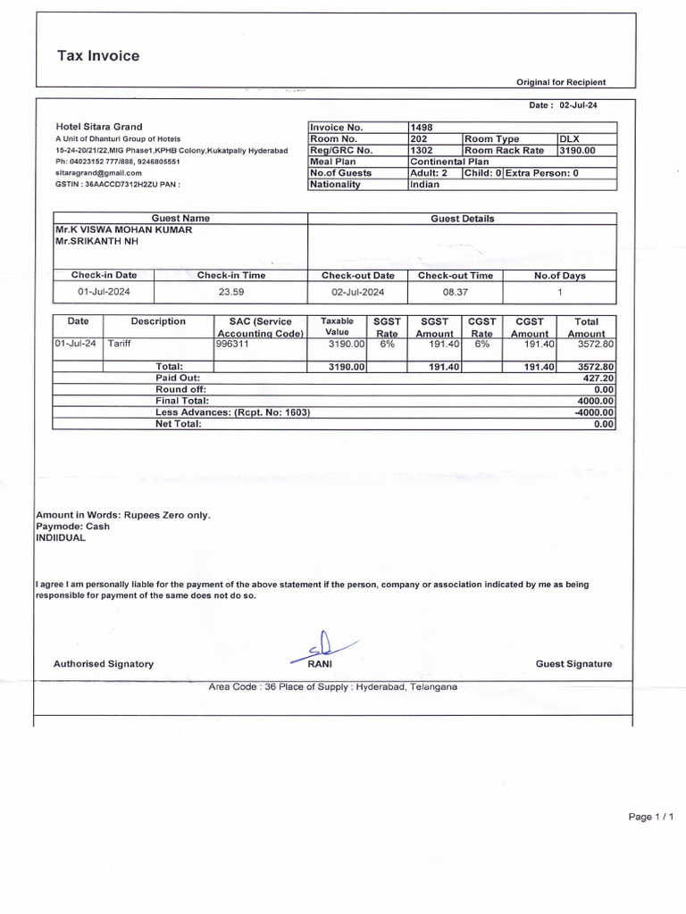 Viswa Hotel Bill 1st July 2024 | PDF