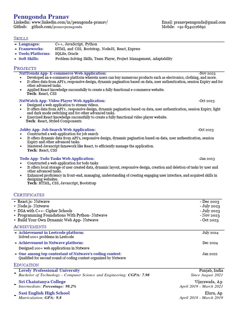 Pranav Specialized Cv Pdf Responsive Web Design Application Software