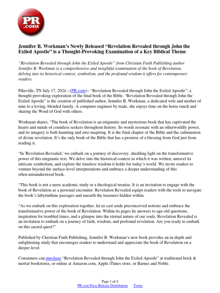 Jennifer B. Workman's Newly Released "Revelation Revealed Through John ...