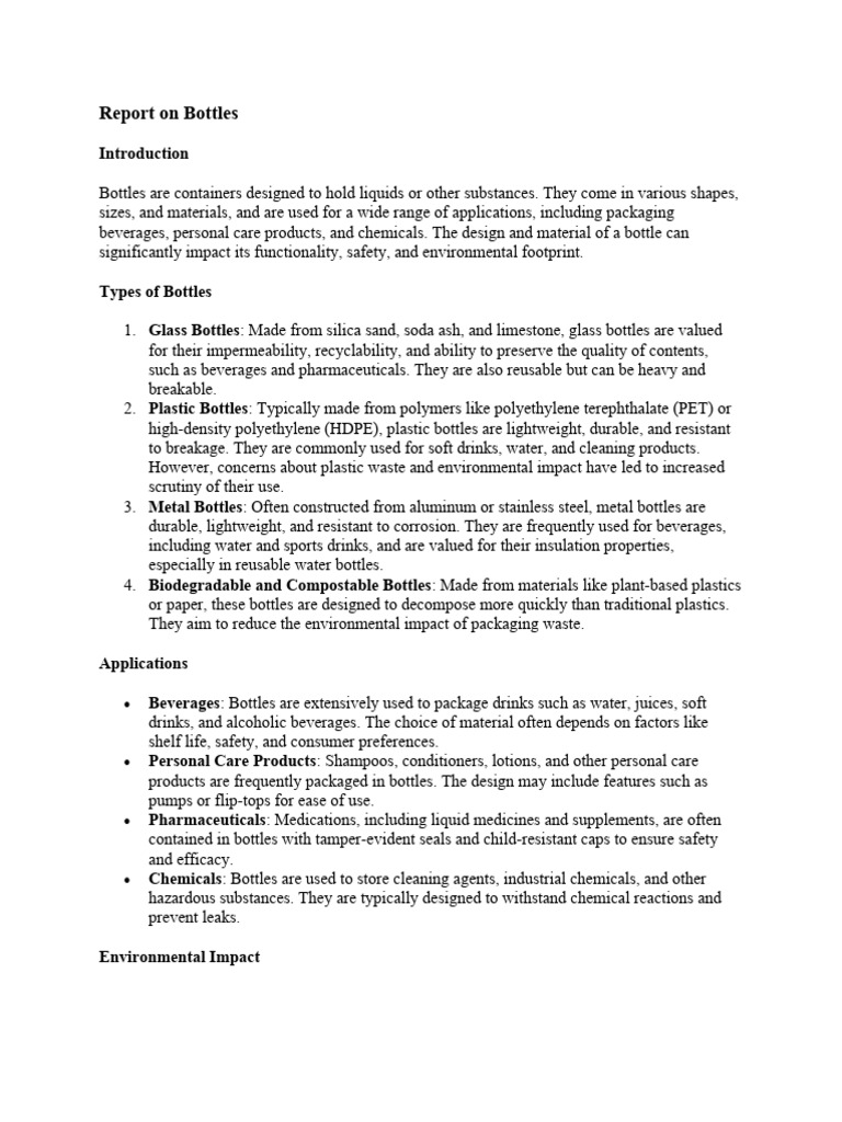 Report On Bottles | PDF | Plastic | Recycling