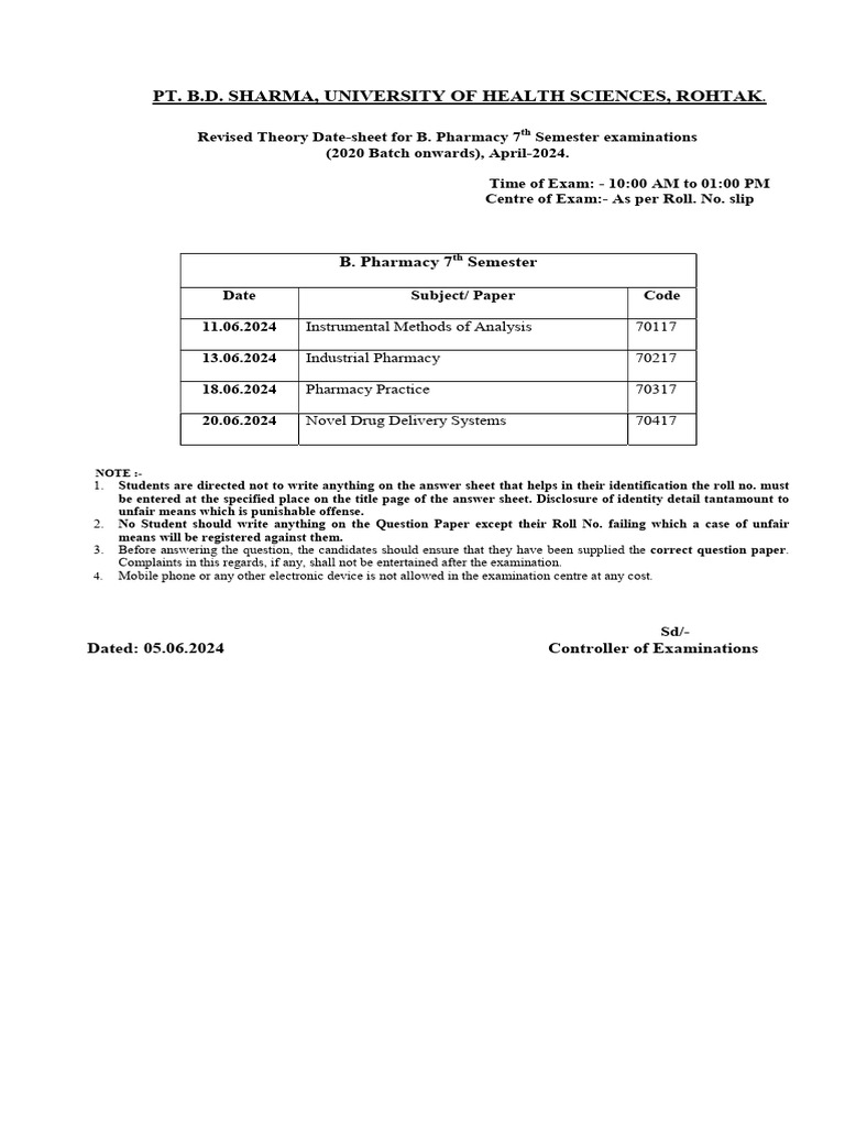 Revised Theory Date Sheet of BPH 7th Sem | PDF | Law
