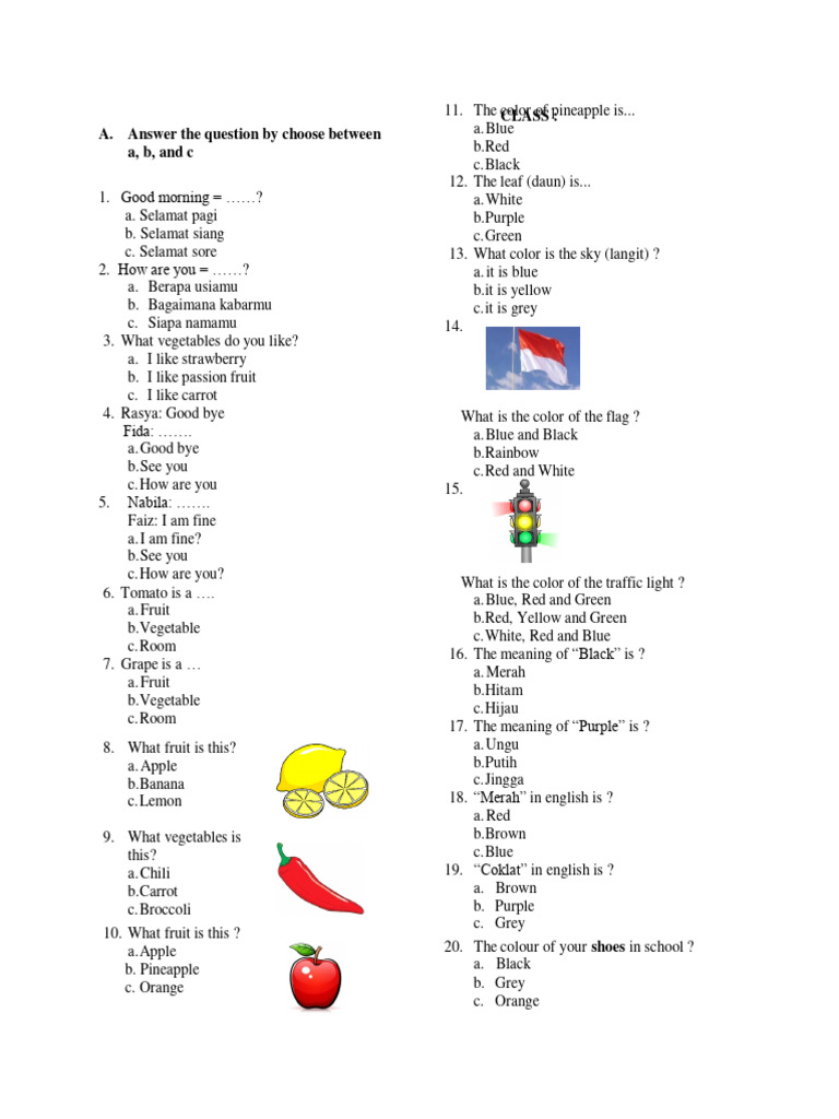 Soal Latihan Sas Kelas 1 Semester 2 | PDF | Fruit | Color