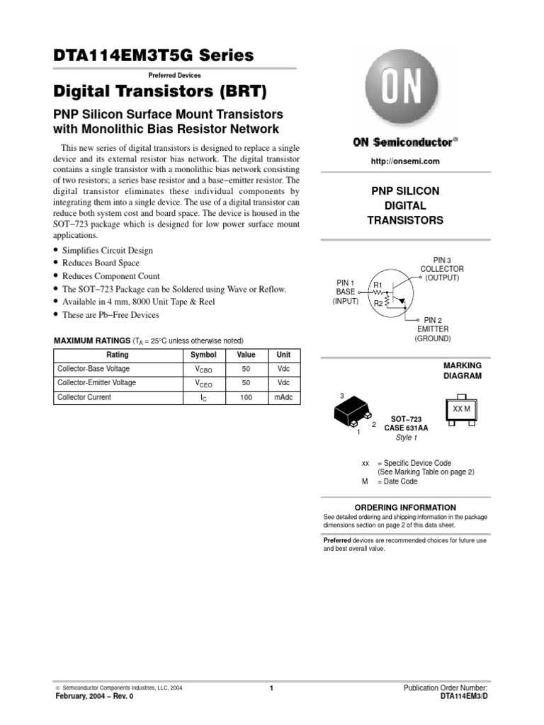 DTA114EM3T5G (ON-Semi) PNP Digital Transistors | PDF | Bipolar Junction ...