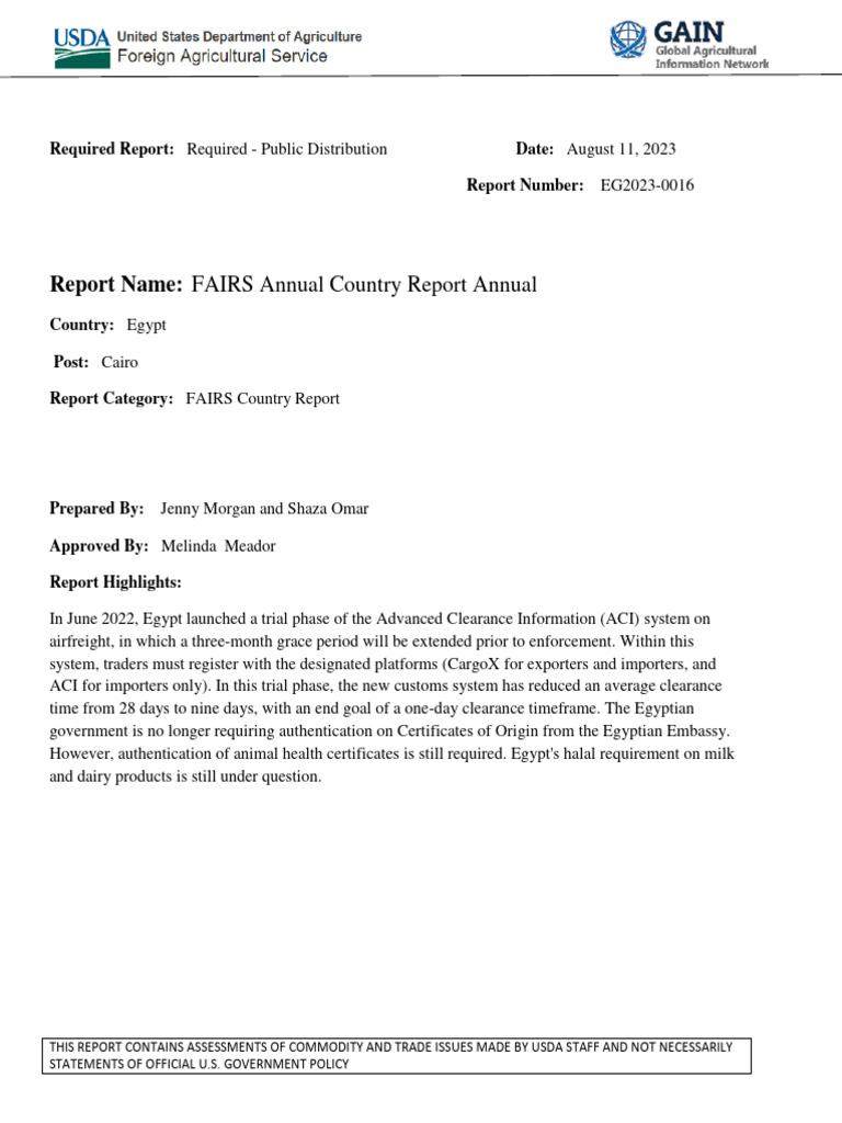FAIRS Annual Country Report Annual - Cairo - Egypt - EG2023-0016 | PDF ...