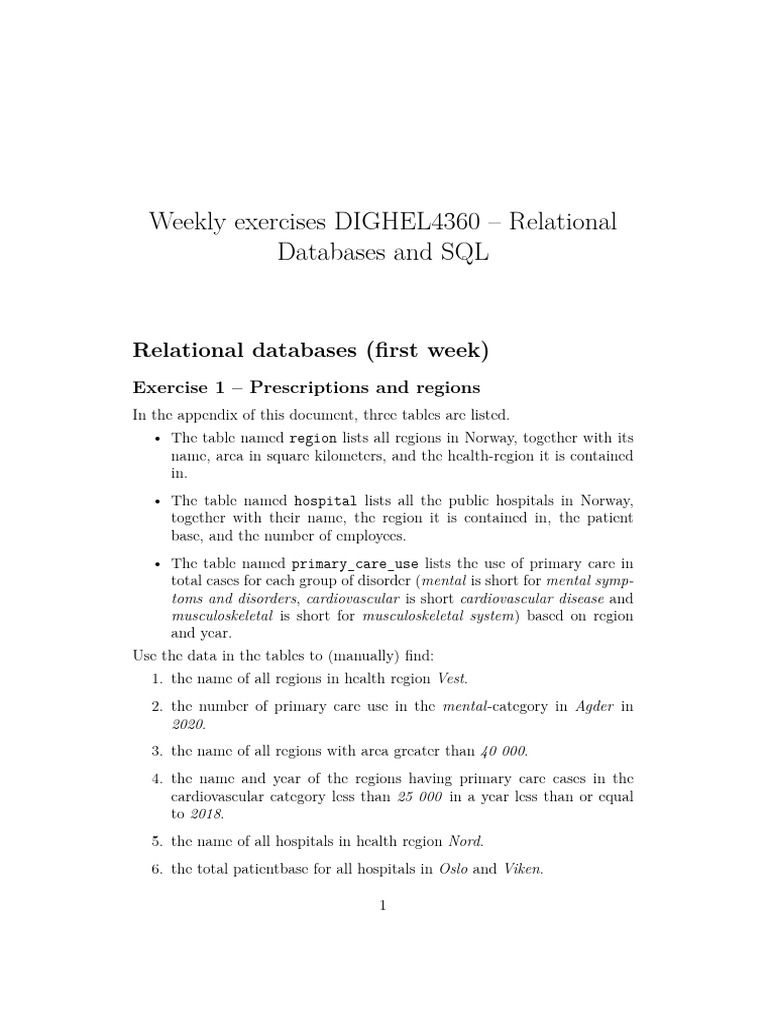 Weekly Exercises DIGHEL4360 - Relational Databases and SQL | PDF | Data Management | Databases