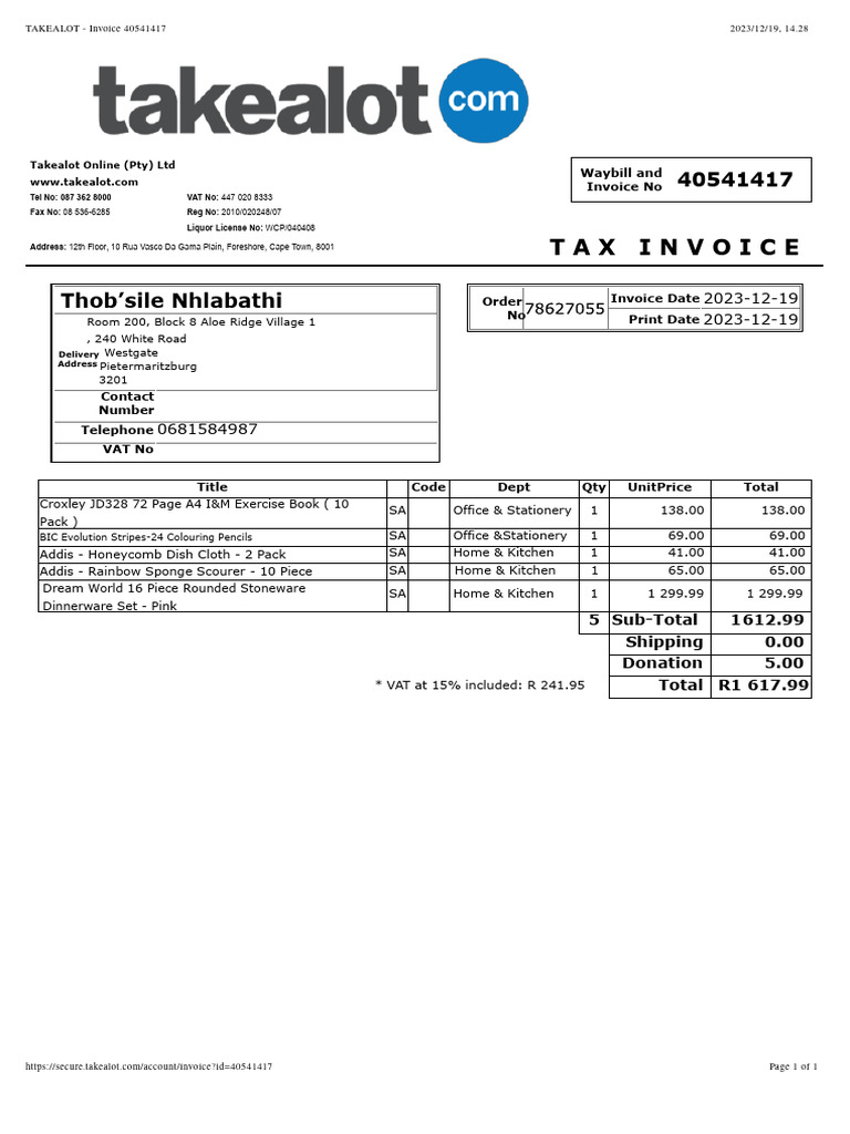Takealot Invoice 40541417 | PDF