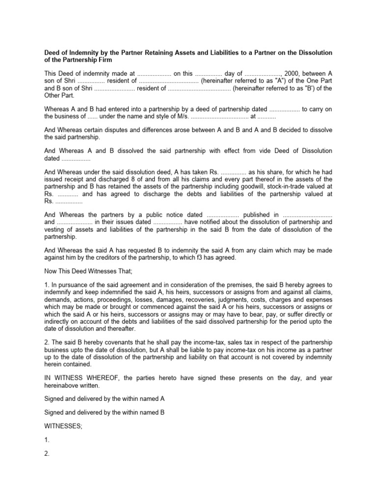 Deed of Indemnity by The Partner Retaining Assets and Liabilities To A ... Deed of Indemnity by The Partner Retaining Assets and Liabilities To A ...