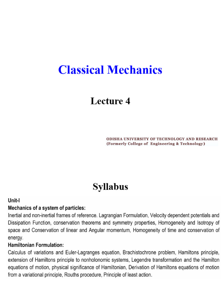 CM Lecture - 4 | PDF | Classical Mechanics | Calculus Of Variations