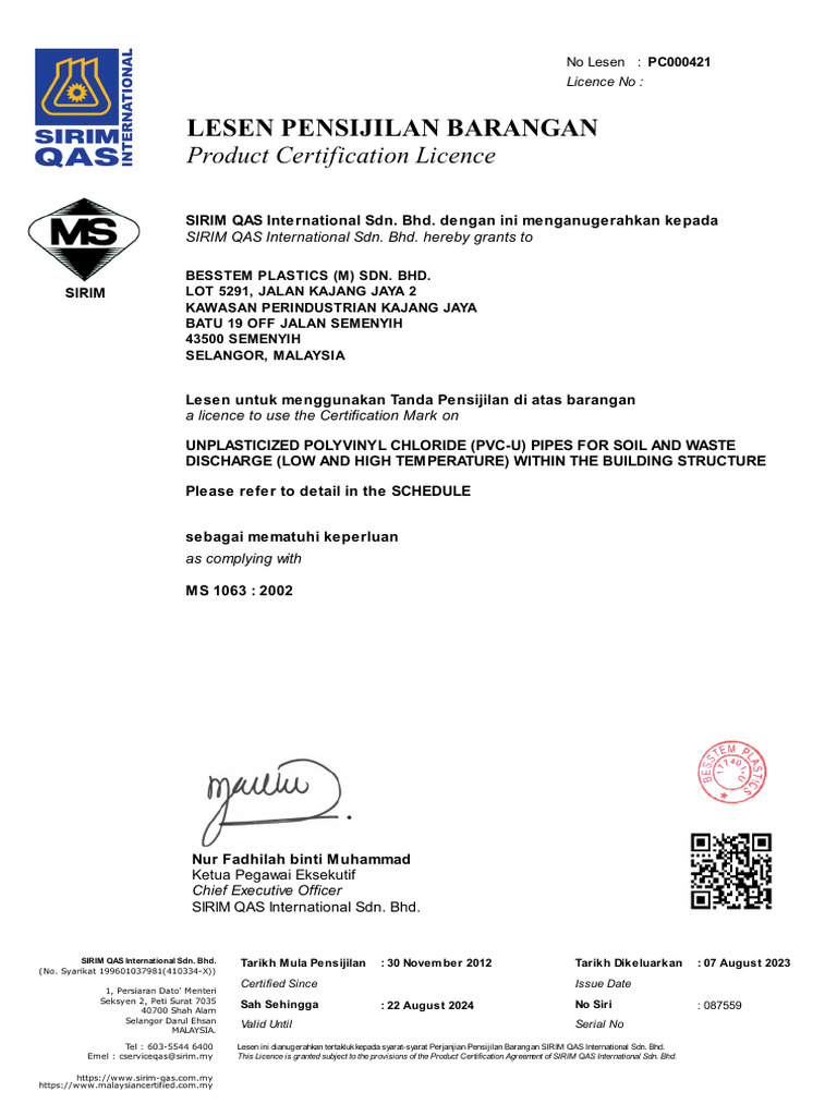 Besstem - Upvc Pipes Sirim (Pc000421) Exp 22.08.2024 | PDF
