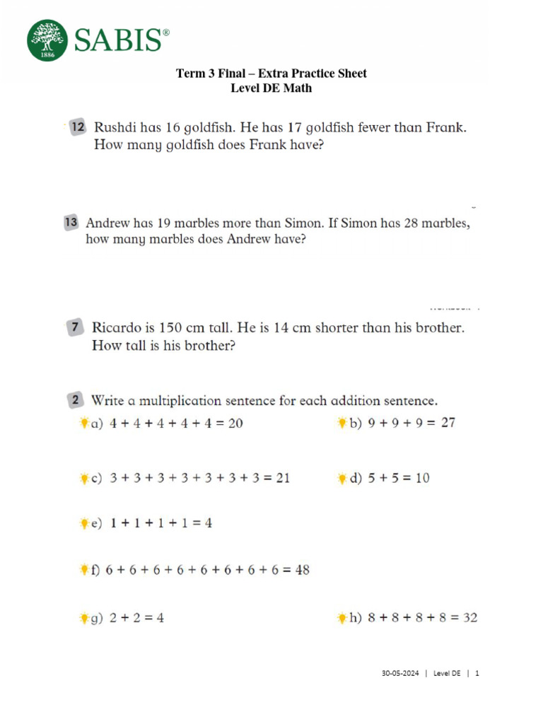 Level de Math Extra Practice Sheet T3 Finals | PDF
