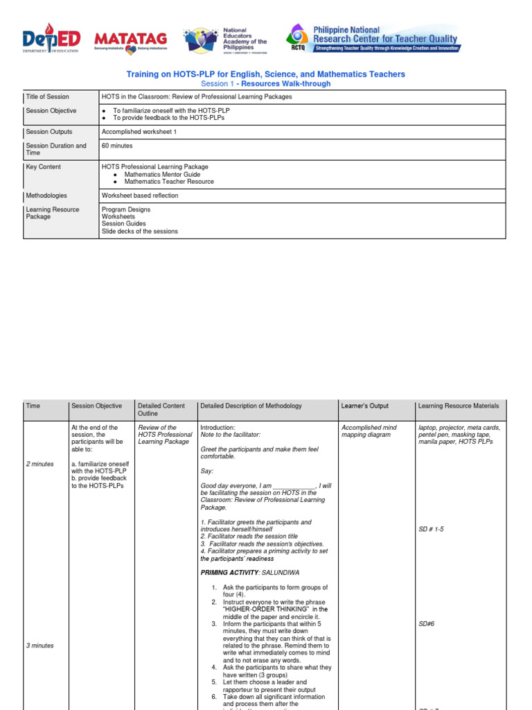 HOTS-PLP Training for Teachers: Session 1 | PDF | Learning | Teaching