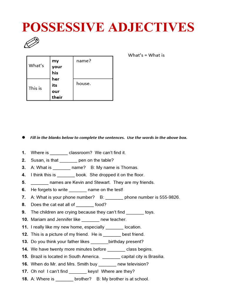 Possessive Adjectives Worksheet | PDF