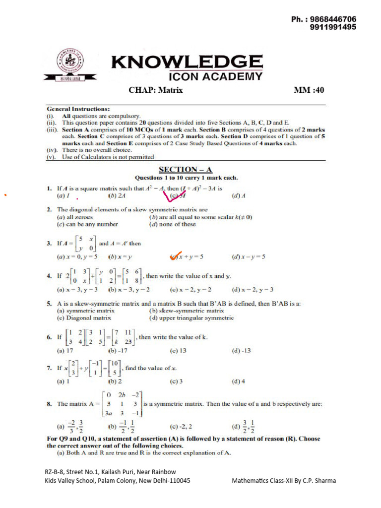 Class-12 Matrix | PDF