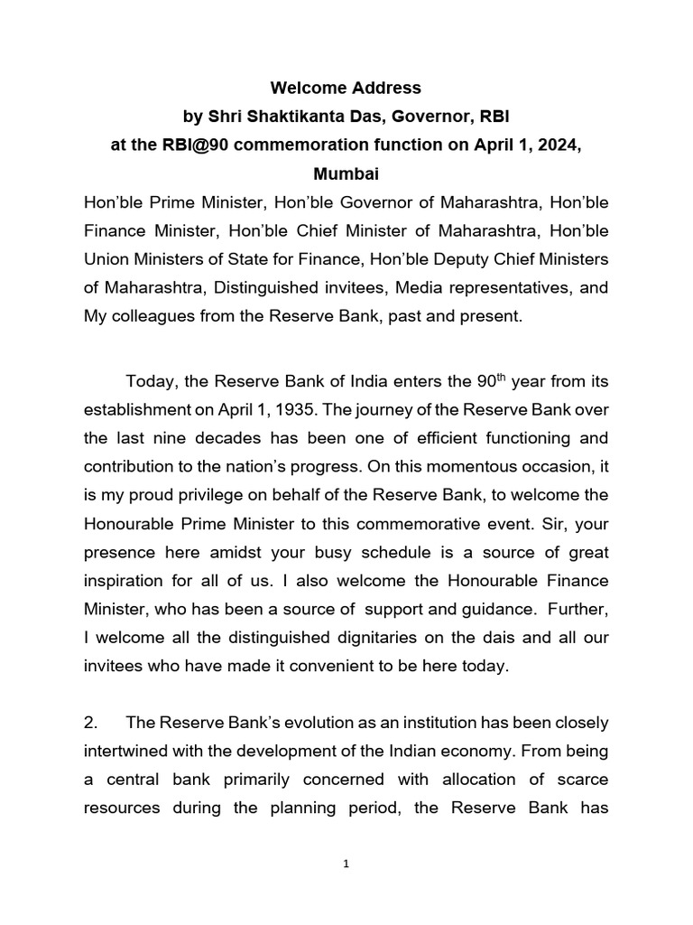 RBI's 90th Anniversary Address | PDF | Inflation | Reserve Bank Of India
