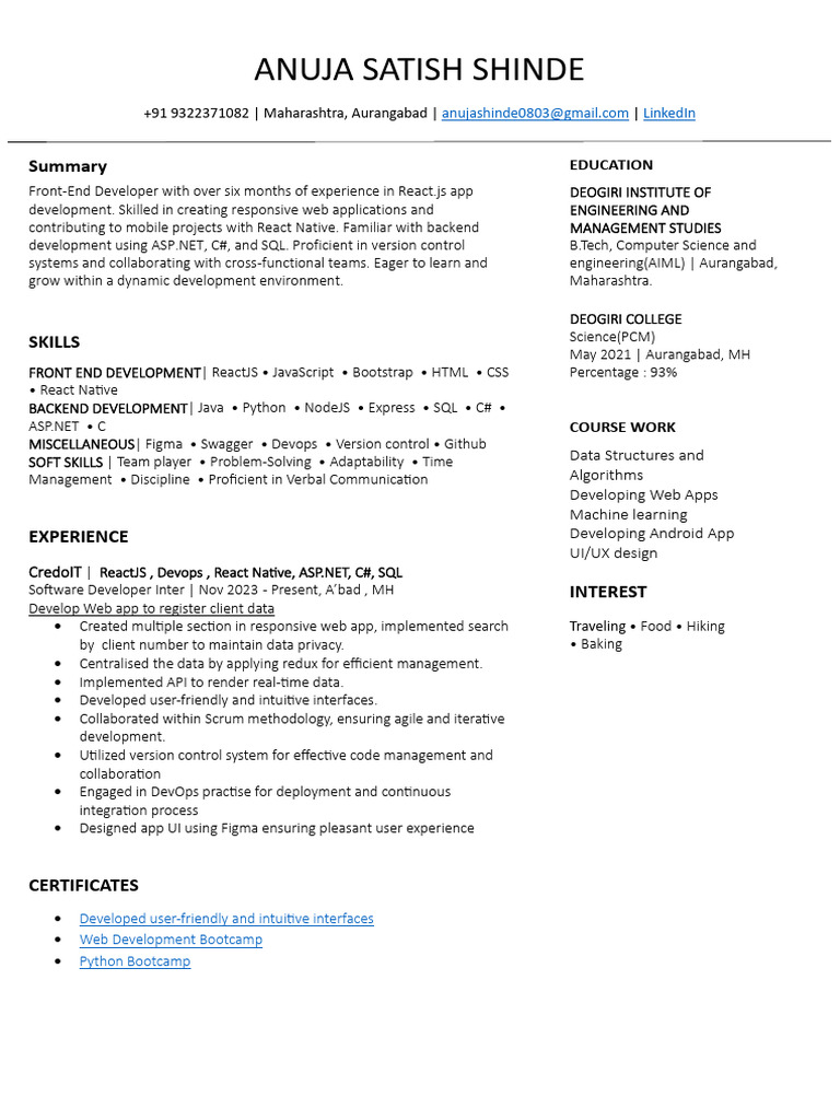 Anuja Satish Shinde: Linkedin | PDF | Computing | Software Engineering