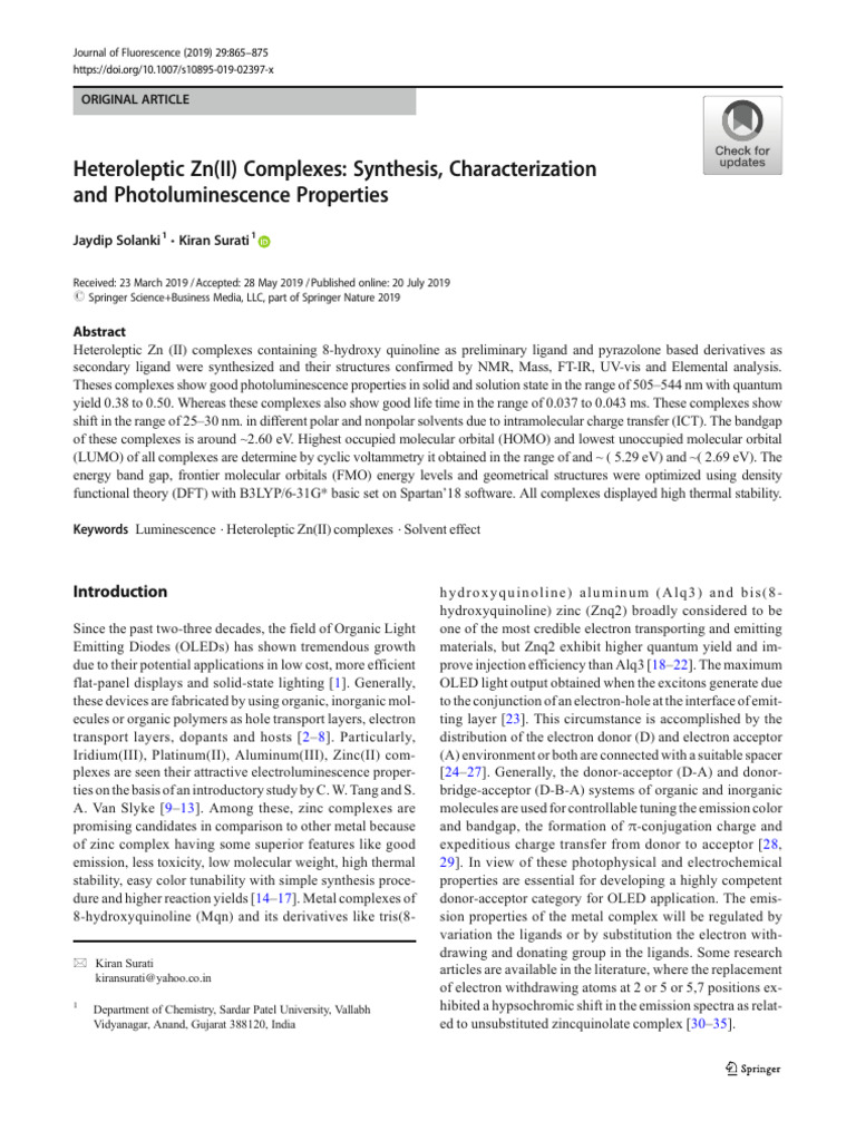 Heteroleptic ZN (II) Complexes: Synthesis, Characterization and Photoluminescence Properties ...
