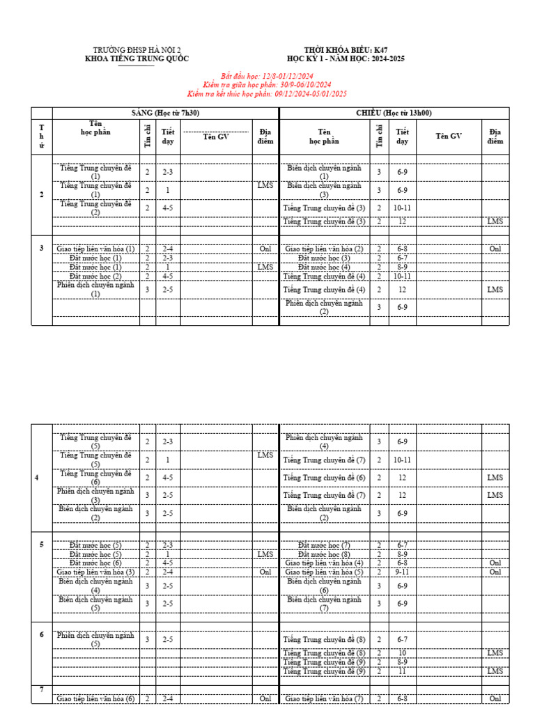 THỜI KHÓA BIỂU K47 HK1 2024-2025 | PDF