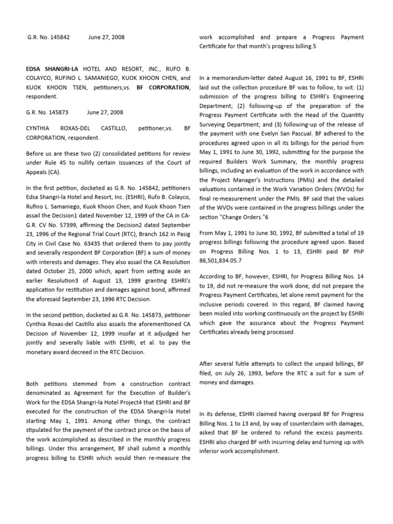ESHRI vs. BF Corp: Construction Dispute | PDF | Lawsuit | Judgment (Law)