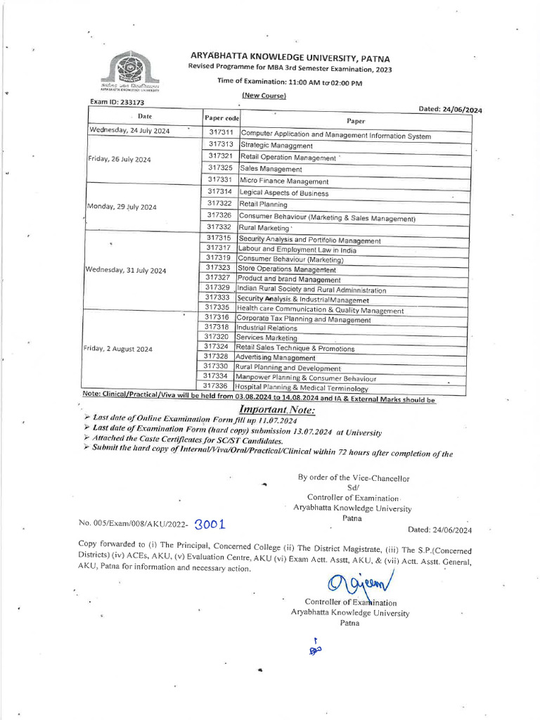 233173-Revised MBA 3rd Semester Theory Exam 2023 - Lt. No. 3001 Dt. 24.06.2024 | PDF