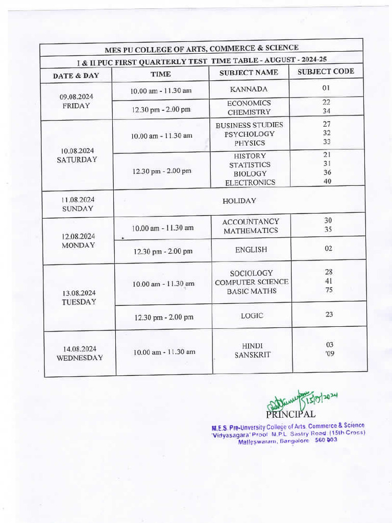 Timetable For Test | PDF