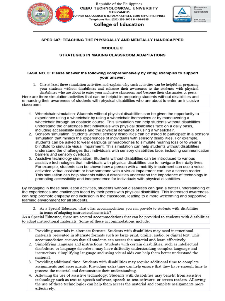 607 Module 5 - TASK 5 - Strategies For Making Classroom Adaptations | PDF | Bullying | Disability